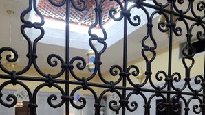 Um portão de ferro forjado com desenhos detalhados, um tapete estampado e um vislumbre de um quarto com teto branco e um arranjo de flores vermelhas.