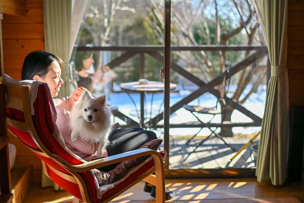 Uma pessoa sentada em uma cadeira, com um cachorro, interior de madeira e vista para um deck e área externa.