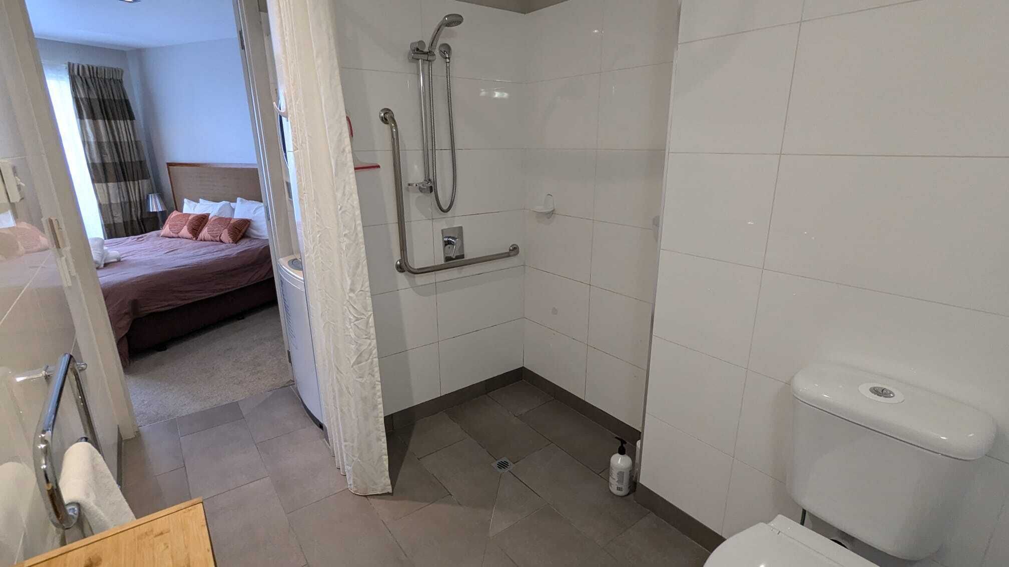 Casa de banho com chuveiro, sanita e uma cama na divisão vizinha.