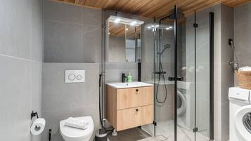 Apartamento, 1 cama queen-size e sofá-cama | Casa de banho | Um polibã, um secador de cabelo, um bidé, toalhas fornecidas