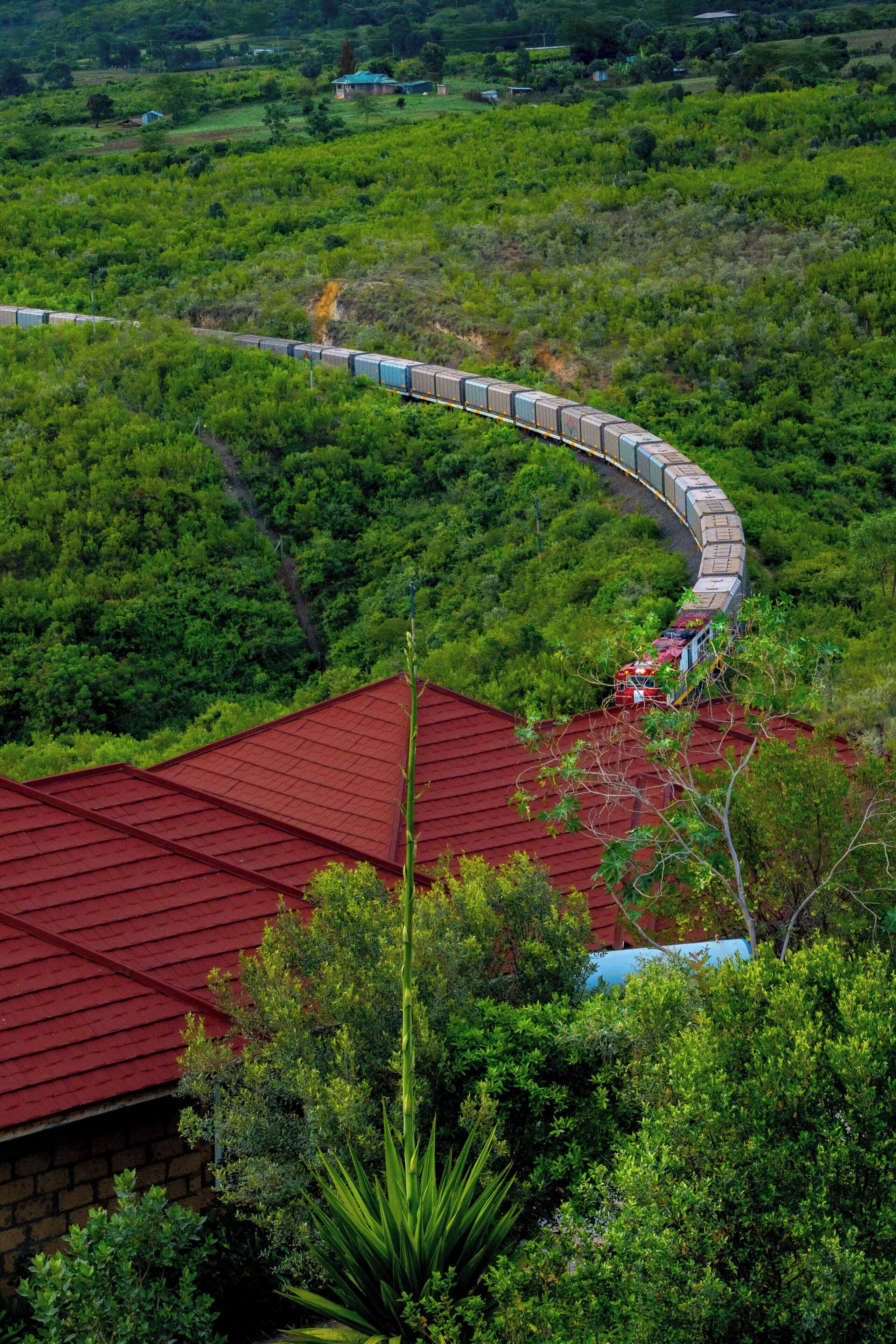 Um trem serpenteando por uma paisagem verdejante com um edifício de telhado vermelho ao primeiro plano.