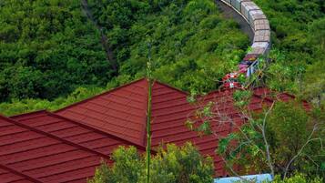 Um trem serpenteando por uma paisagem verdejante com um edifício de telhado vermelho ao primeiro plano.