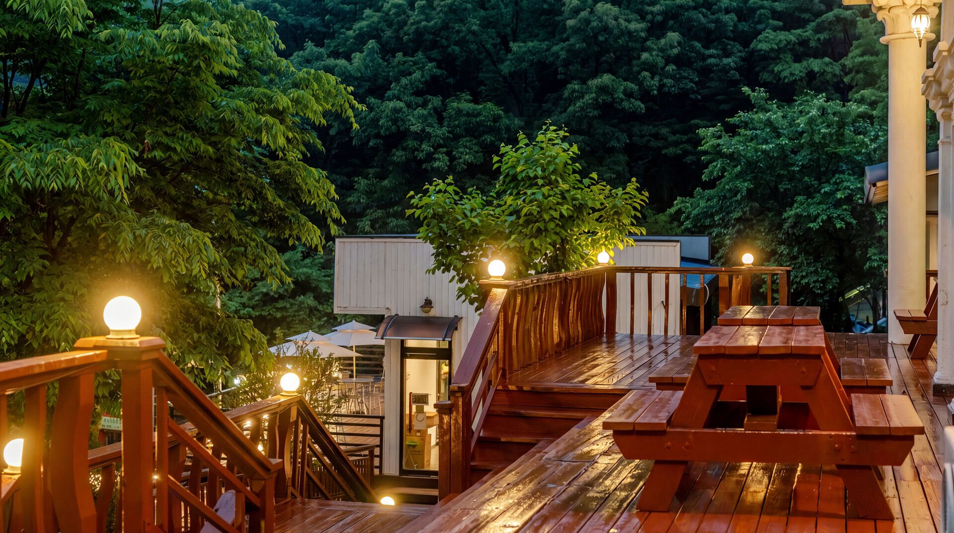 Um deck de madeira com uma escada que leva a uma área coberta, rodeado por árvores densas.