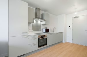 Apartamento de Luxo, 1 cama king-size e sofá-cama, não fumadores, kitchenette | Cozinha privada | Um frigorífico/congelador grande, um micro-ondas 