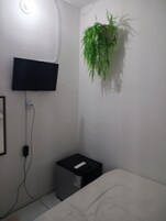 Quarto com uma cama, uma mesinha de cabeceira, televisão na parede e uma planta suspensa.