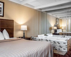Quarto de hotel com cama, um espelho grande, banheira e mesa de cabeceira com abajur.
