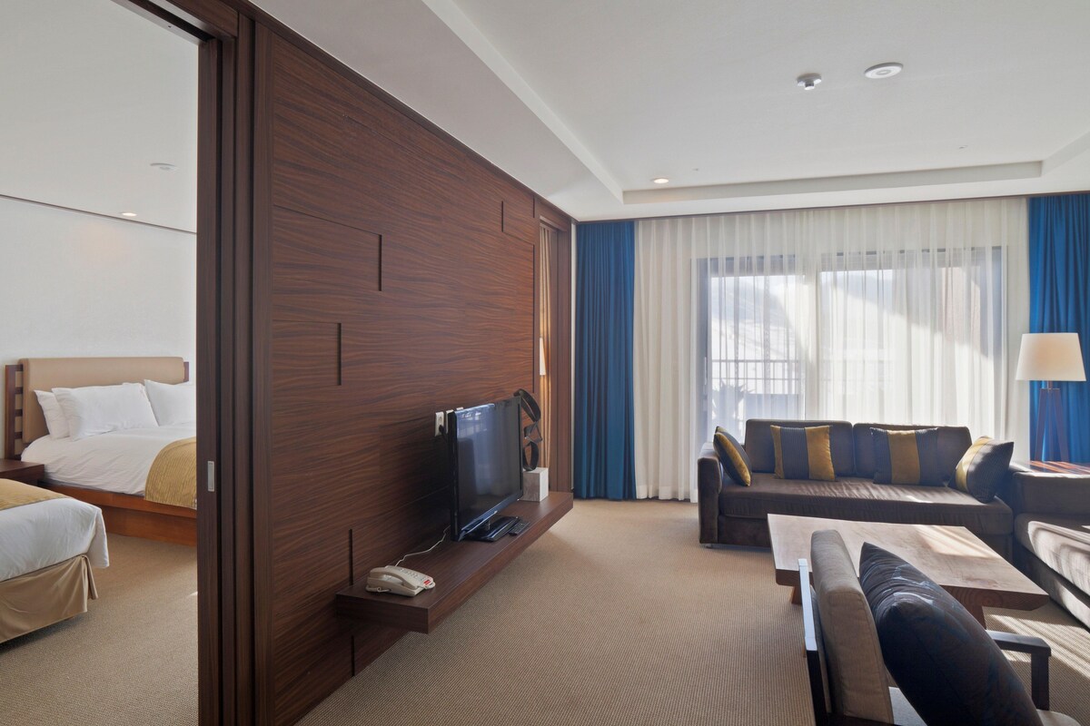 Quarto de hotel com cama, televisão, sofá e secretária.