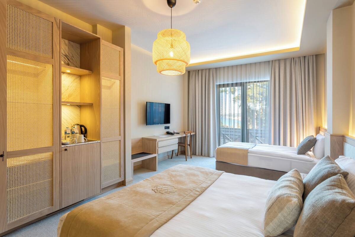 Quarto de hotel com uma cama, uma secretária com cadeira, uma televisão e um guarda-roupa.