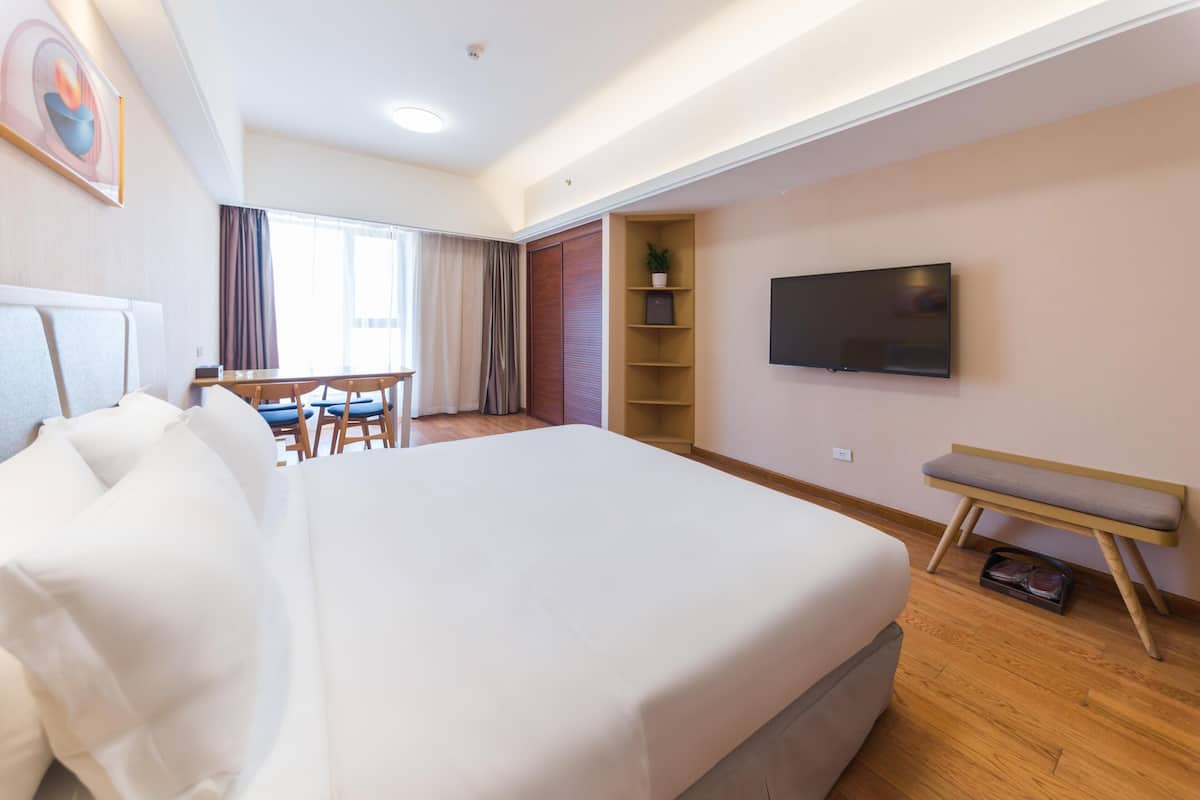 Quarto de hotel com uma cama grande, uma mesa, uma cadeira, uma televisão e uma estante com uma planta.