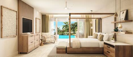 Quarto moderno com uma cama grande, TV, cômoda de madeira e vista para uma piscina.