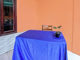 Quarto com uma mesa azul, uma cadeira e um vaso de planta.