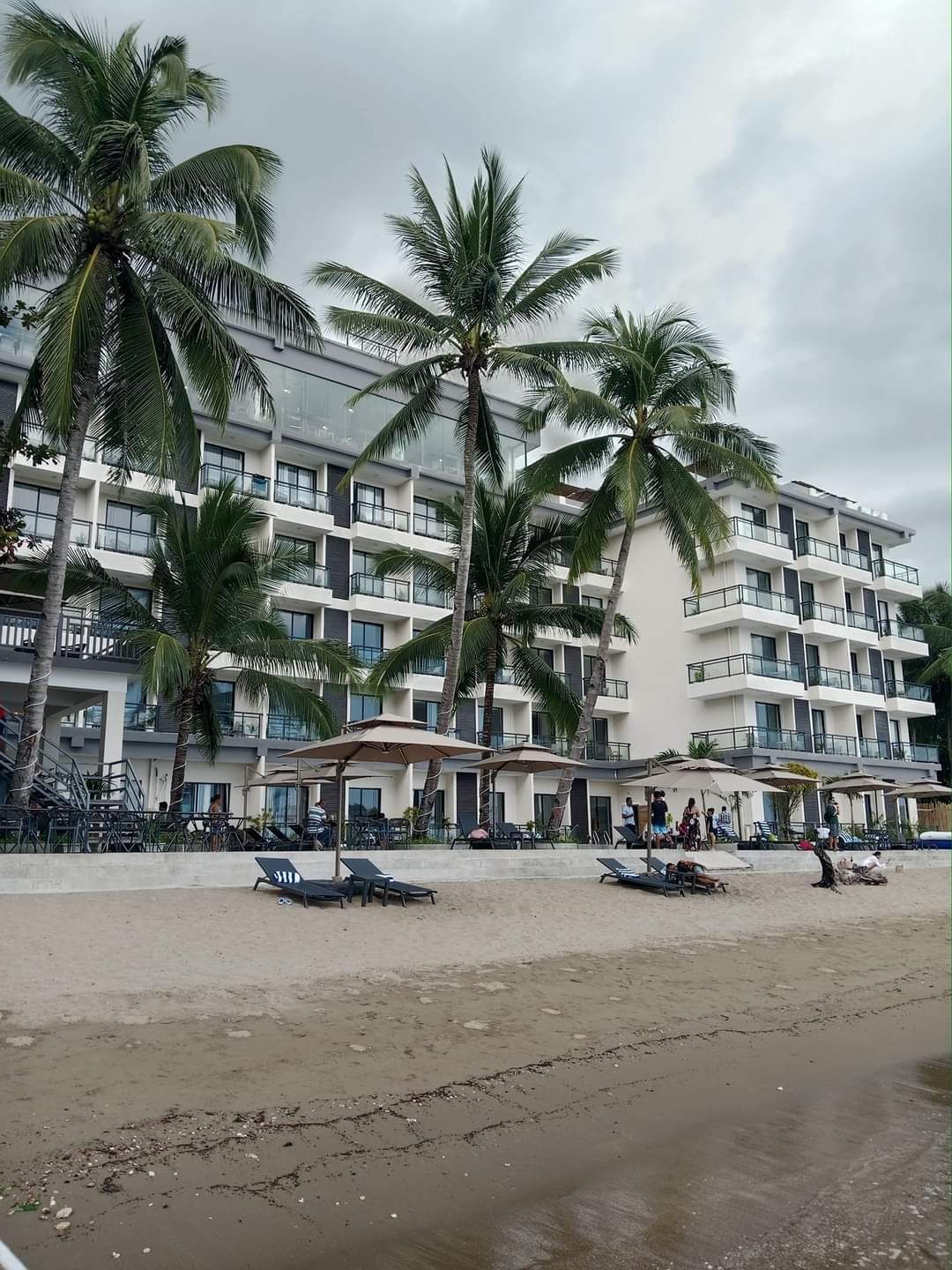 Um hotel à beira-mar com vários andares, palmeiras e áreas de estar ao ar livre.