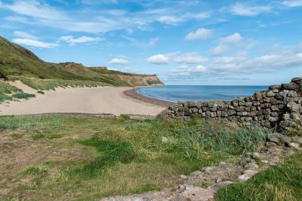 Paisagem costeira com uma praia arenosa, áreas gramadas e um muro de pedra.