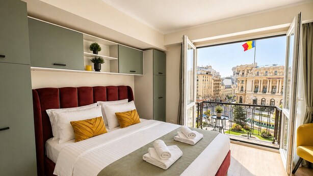 Quarto de hotel com uma cama, varanda e vista para prédios, além de uma bandeira.