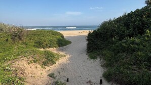 Caminho de areia na praia, com vegetação nas laterais, que leva ao oceano.
