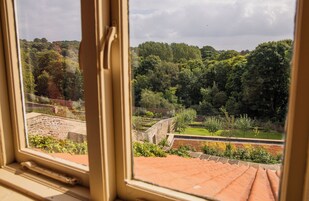 Vista através de uma janela, com um muro de pedra, um jardim com diversas plantas e uma floresta ao longe.