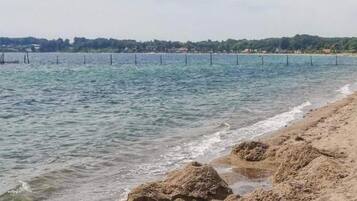 Uma praia com águas cristalinas, areal arenoso e uma linha de árvores ao longe.