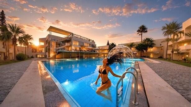 Piscina com uma pessoa de biquíni, área externa coberta e um edifício com vários andares.