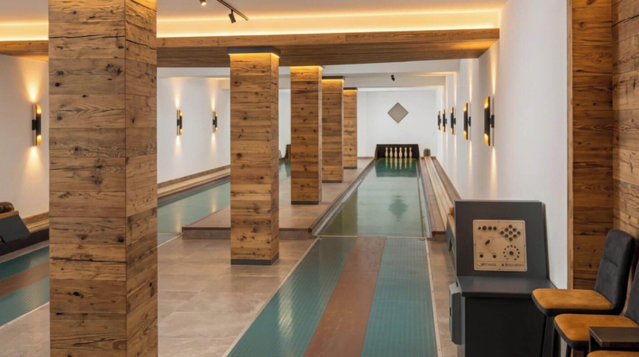 Um saguão de hotel com piscina, pilares de madeira e áreas de estar.