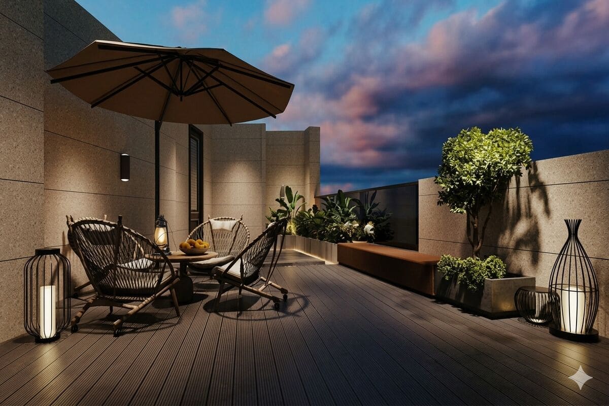 Terraço no telhado com mesa, cadeiras, guarda-sol e plantas em vasos.