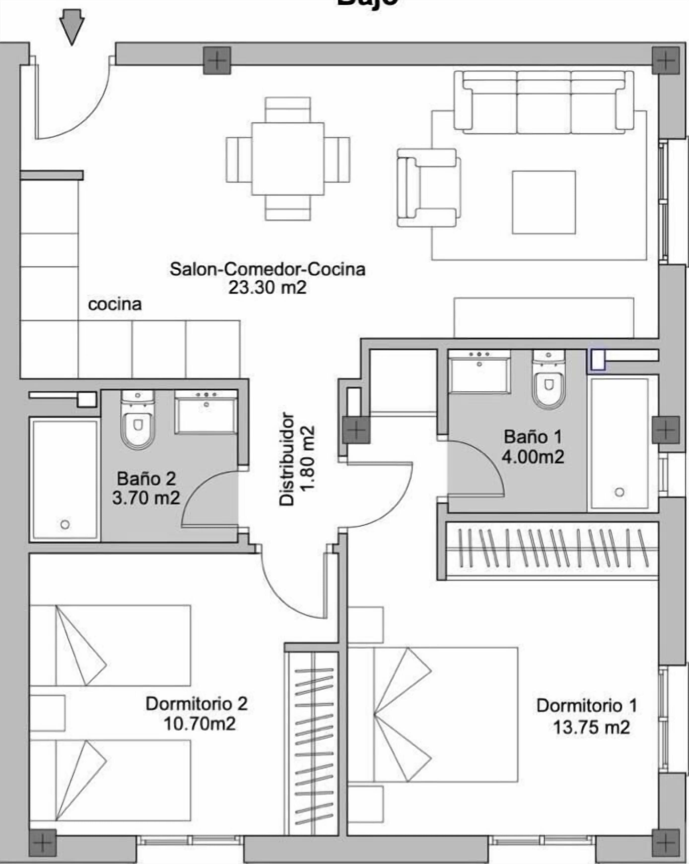 Planta baixa de um hotel com área de jantar, duas casas de banho, dois quartos e uma cozinha.