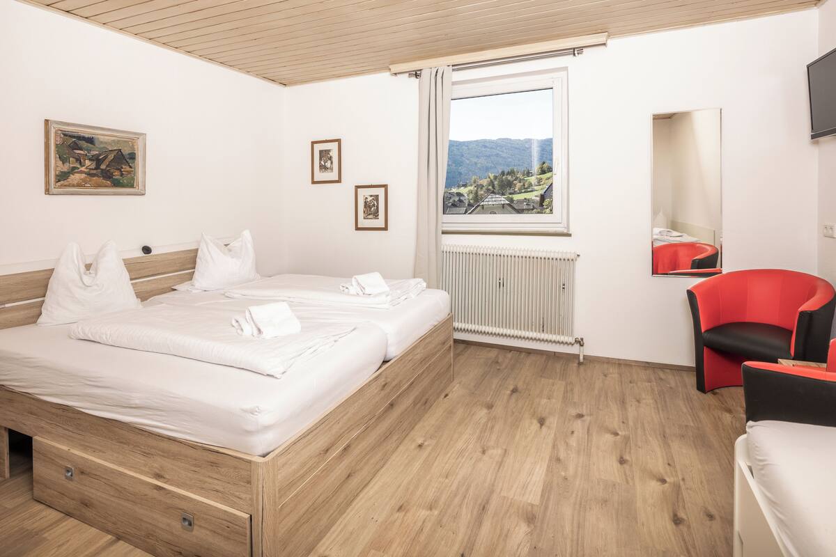 Quarto com cama de madeira, cadeira vermelha, janela com vista para montanhas e radiador.