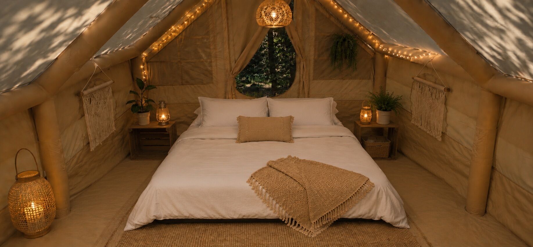 Um quarto aconchegante em tenda, com uma cama, luzes de Natal e um lustre pendente.