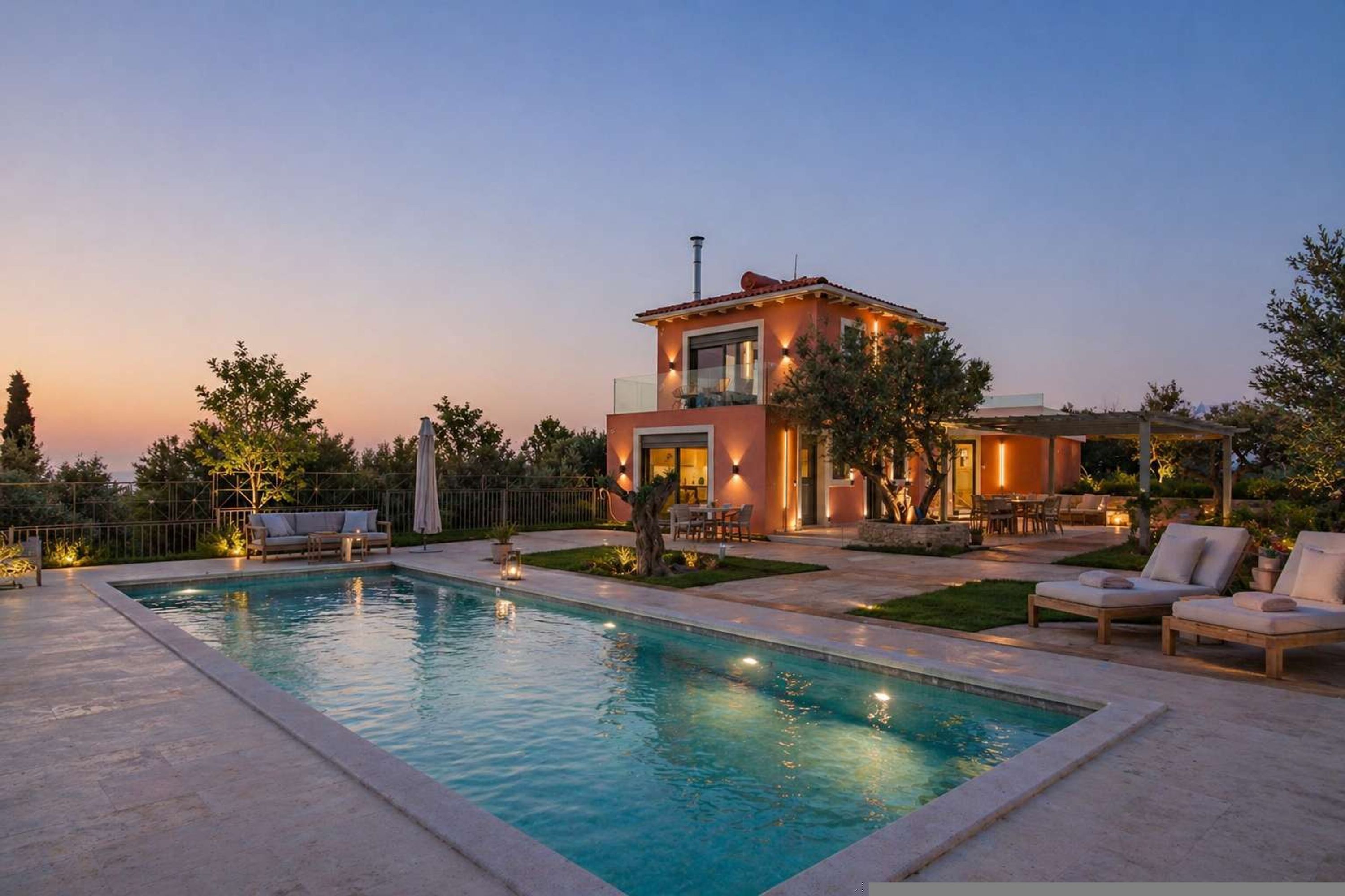 Uma casa moderna com piscina, móveis de exterior e um espaço de varanda bem iluminado.