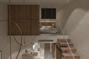 Quarto moderno com uma cama, um guarda-roupa de madeira e uma escada.