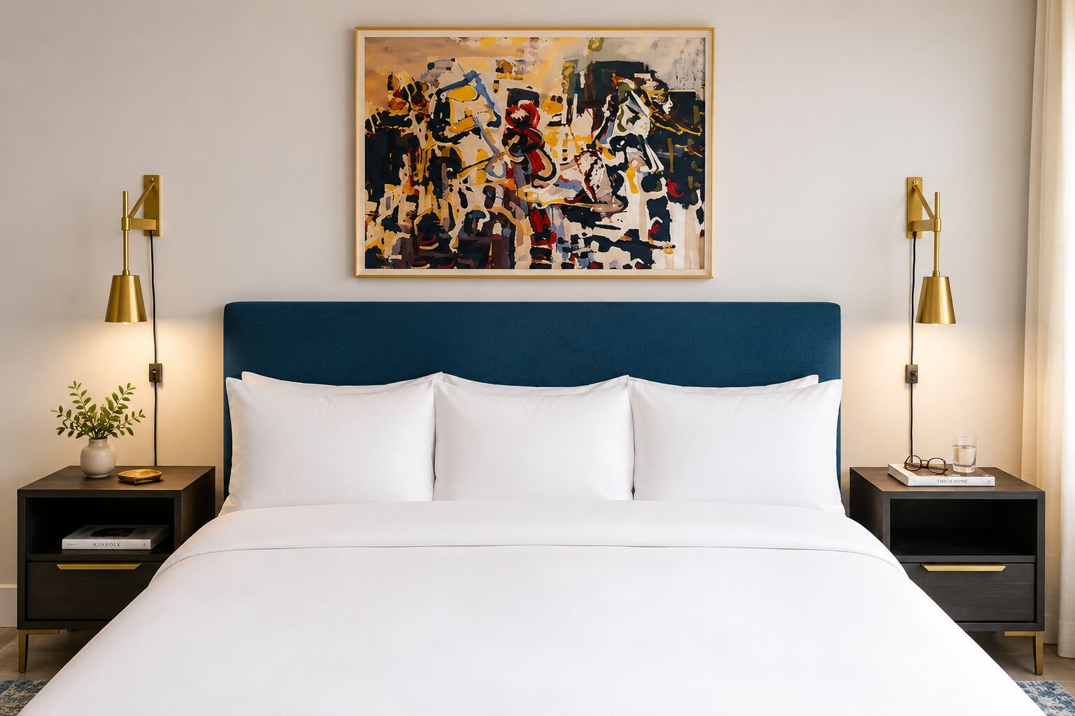 Uma cama com lençóis brancos, cabeceira azul e duas mesas de cabeceira com luminárias.