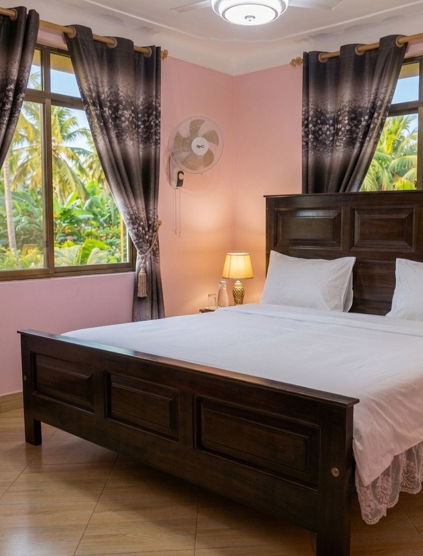Quarto com uma cama grande, um ventilador de cabeceira e cortinas.