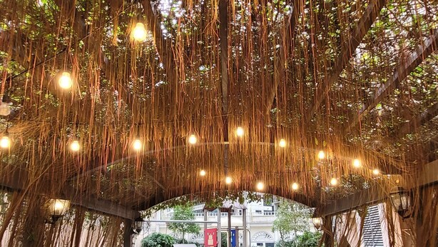 Uma área externa coberta com luzes penduradas, um parquinho e vista para edifícios ao fundo.