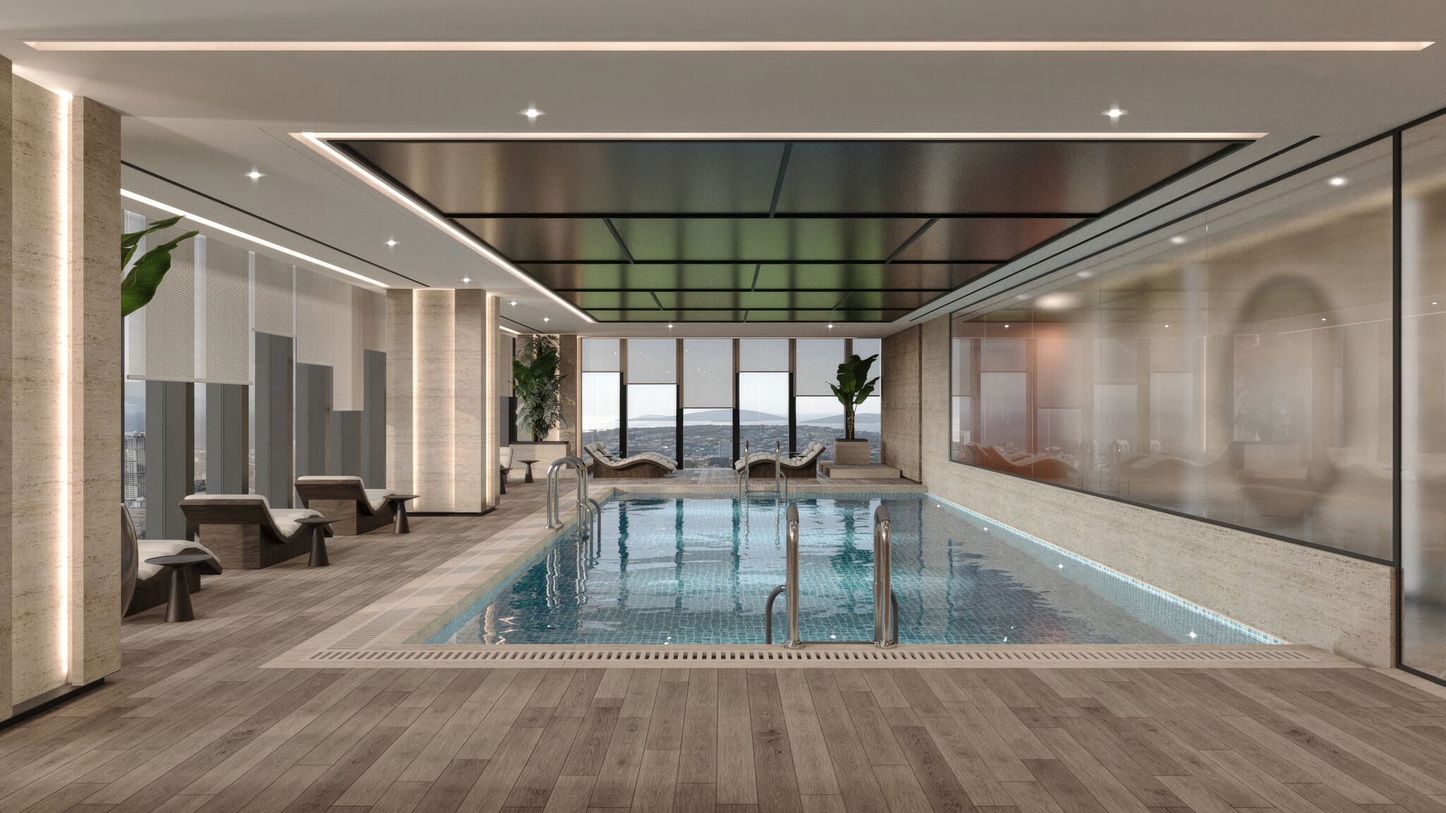 Piscina interior moderna com espreguiçadeiras e vista para a cidade.