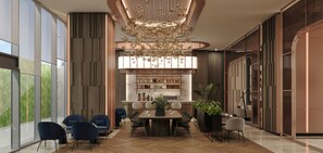 Um interior moderno com área de refeições, bar e uma grande janela.