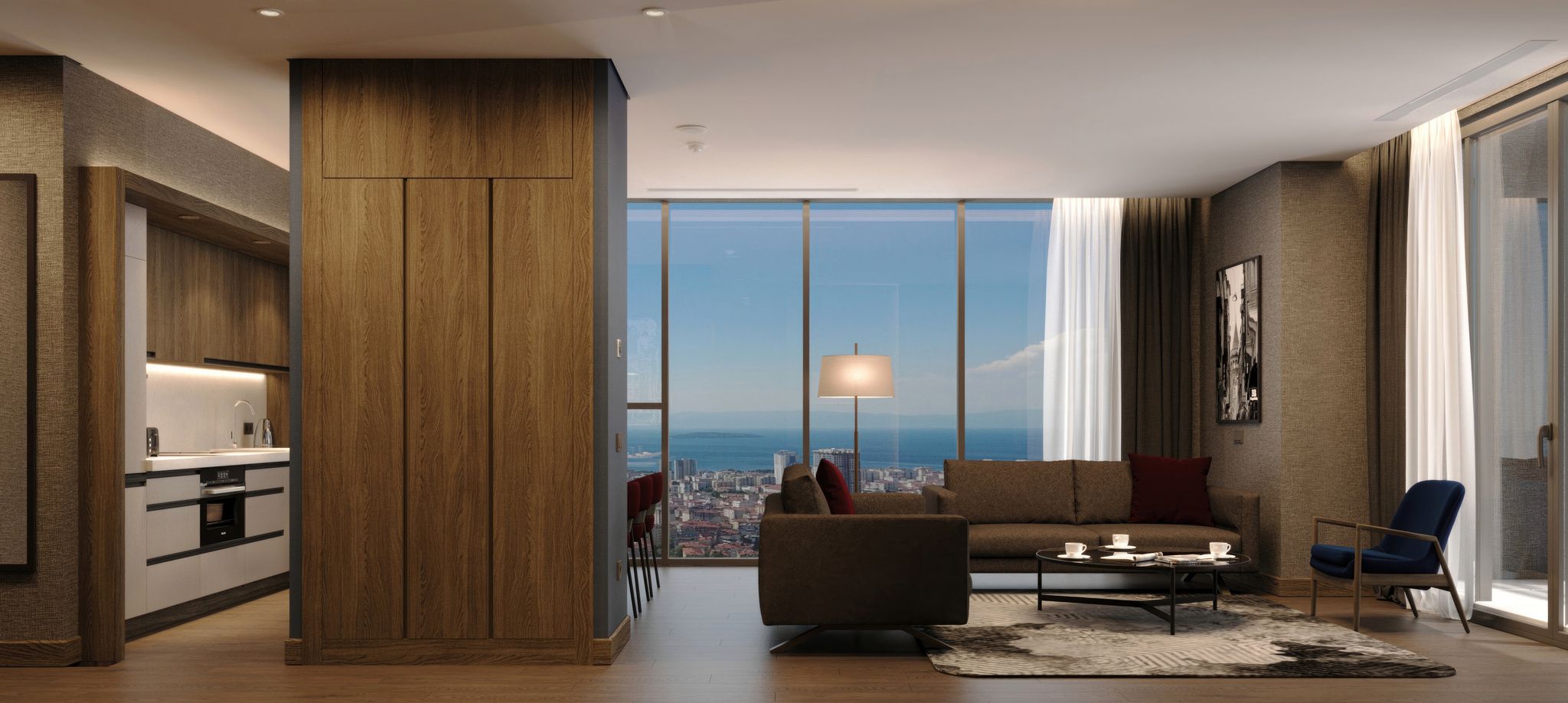Sala de estar moderna com vista para a cidade, incluindo um sofá, uma mesa de centro e um espaço para refeições.