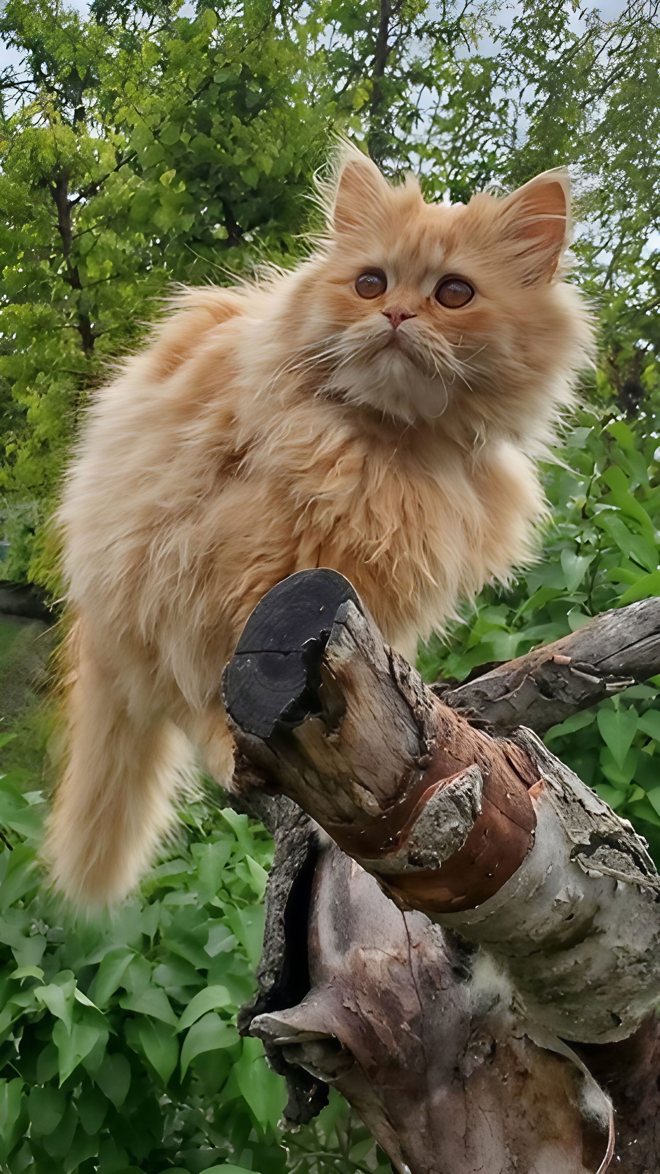 Um gato laranja e fofinho empoleirado num galho de árvore.