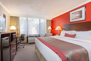 Quarto de hotel com cama, escrivaninha, cadeira, janela com cortinas e quadro na parede.