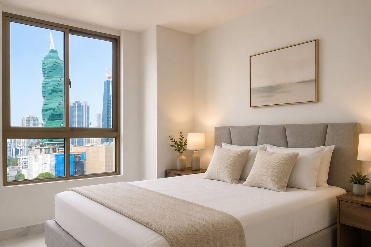 Um quarto moderno com uma cama grande, duas mesas de cabeceira, uma mesinha de apoio, uma janela com vista para a cidade e um quadro na parede.