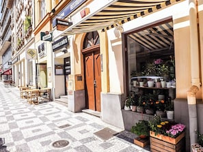 Rua com mesas ao ar livre, fachada com a placa 'PRIMATOR' e floricultura com plantas em vasos.