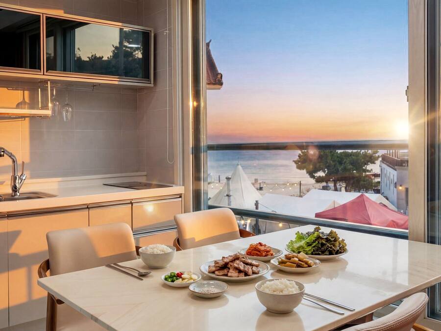 Cozinha moderna com vista para o mar ao pôr do sol.