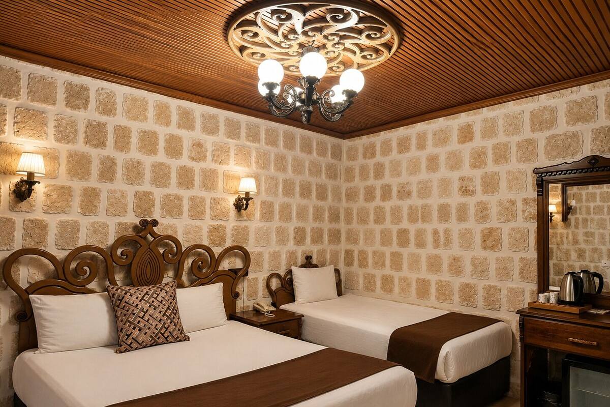 Quarto de hotel com duas camas, teto de madeira, azulejos decorativos na parede, um candelabro e um espelho.
