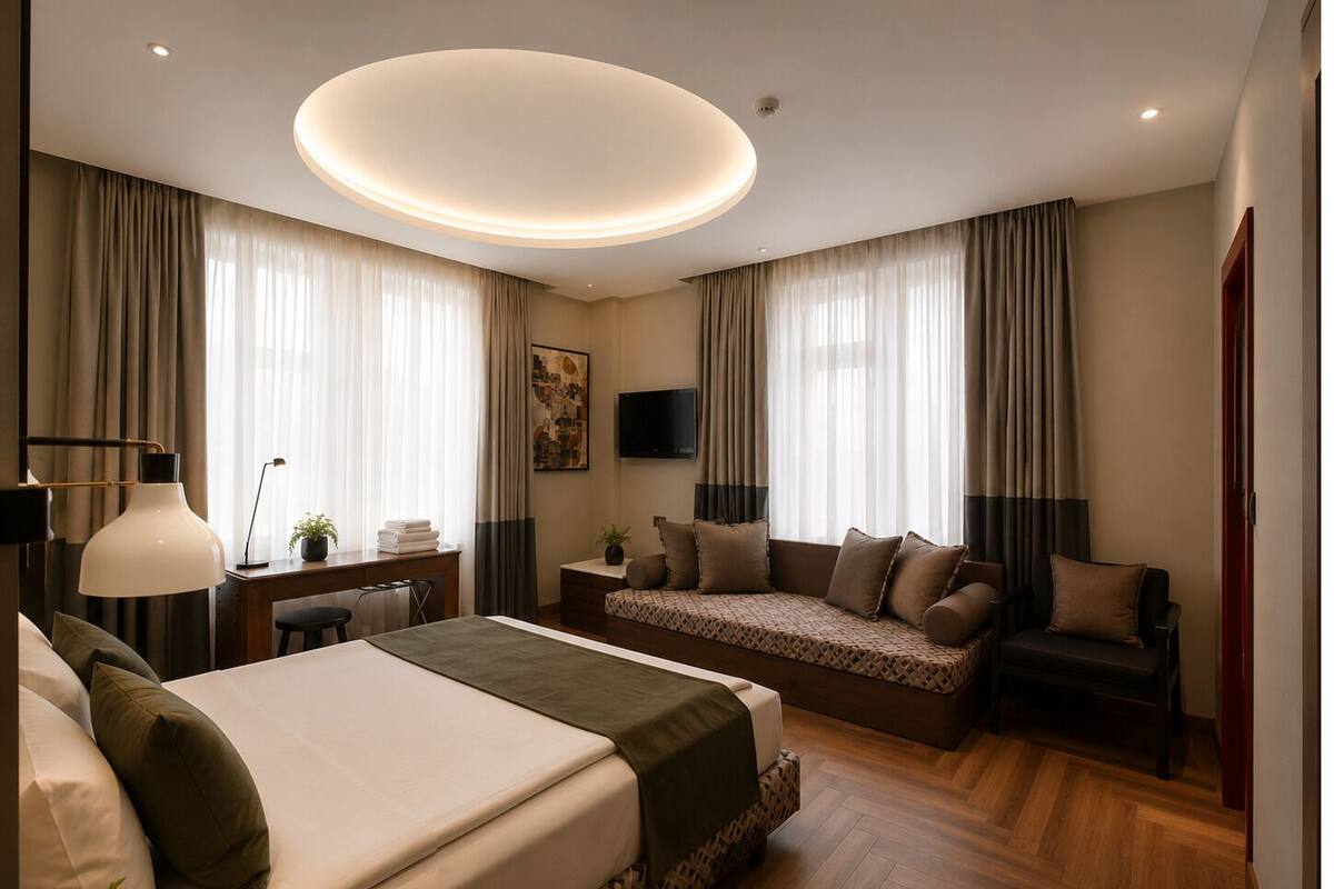 Quarto de hotel moderno com cama grande, sofá, escrivaninha e televisão.