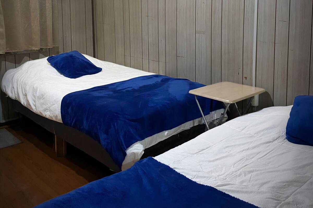 Quarto com duas camas, cada uma com um cobertor azul, uma mesa pequena e um quadro na parede.