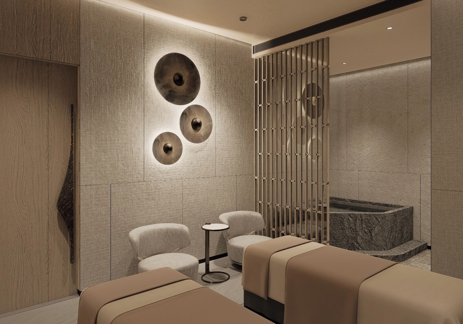 Uma sala de spa moderna com área de estar, mesa de massagem e uma bacia de pedra.