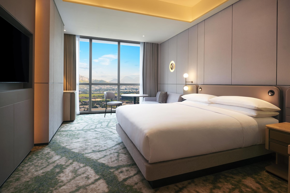 Quarto de hotel com uma cama grande, televisão, escrivaninha e vista para a cidade.