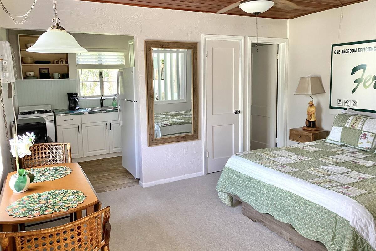 Um quarto compacto com cozinha compacta, área de refeições com mesa e cadeiras, cama com colcha verde e ventilador de teto.