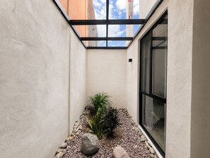 Um pátio estreito com teto de vidro, uma pequena planta e um jardim de pedras.