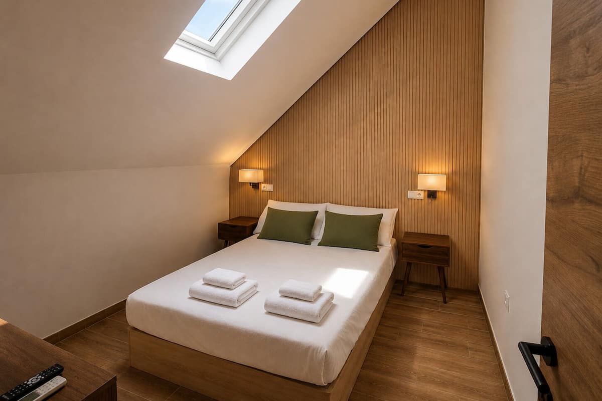 Quarto com teto inclinado, painéis de madeira, claraboia, cama com almofadas, luminárias de cabeceira e um controle remoto em uma mesa de cabeceira.