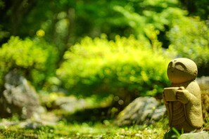 Uma estátua em um ambiente natural.
