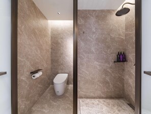 Casa de banho moderna com chuveiro, sanita e um espaço para produtos de higiene.